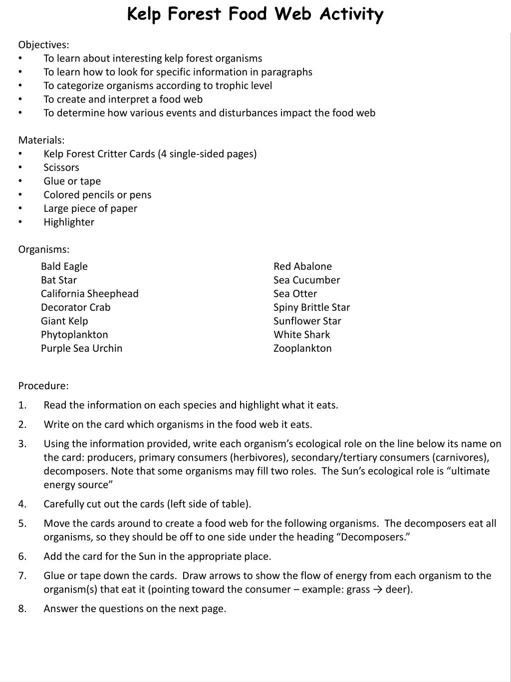 PPT - Kelp Forest Food Web Activity PowerPoint Presentation, free ...