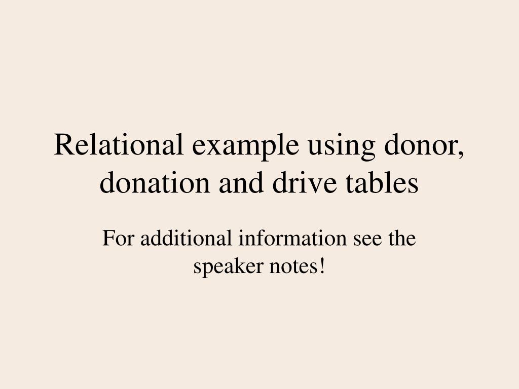PPT - Relational example using donor, donation and drive tables ...