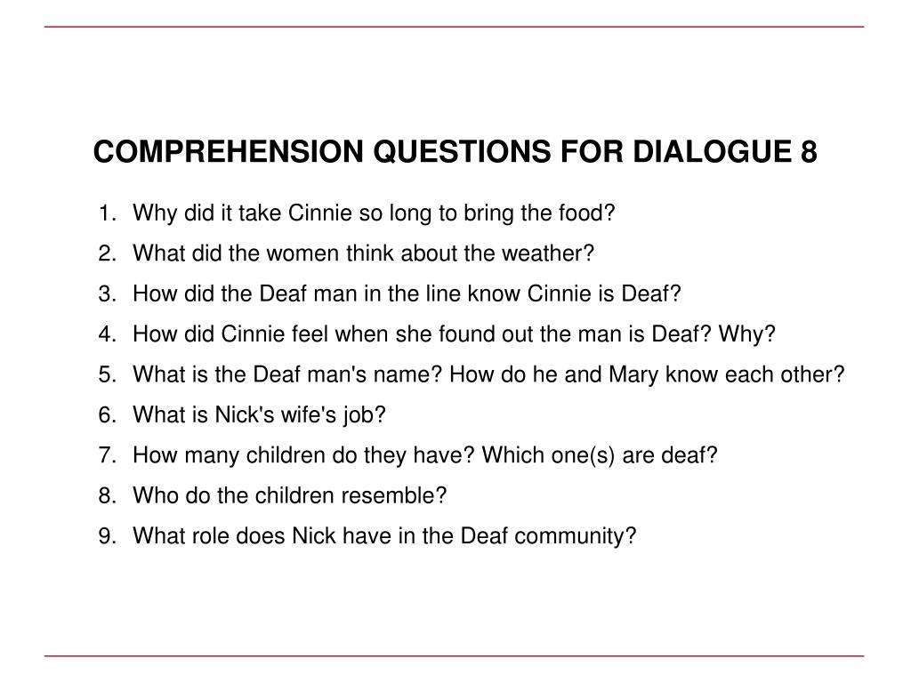 PPT - COMPREHENSION QUESTIONS FOR DIALOGUE 8 PowerPoint Presentation ...