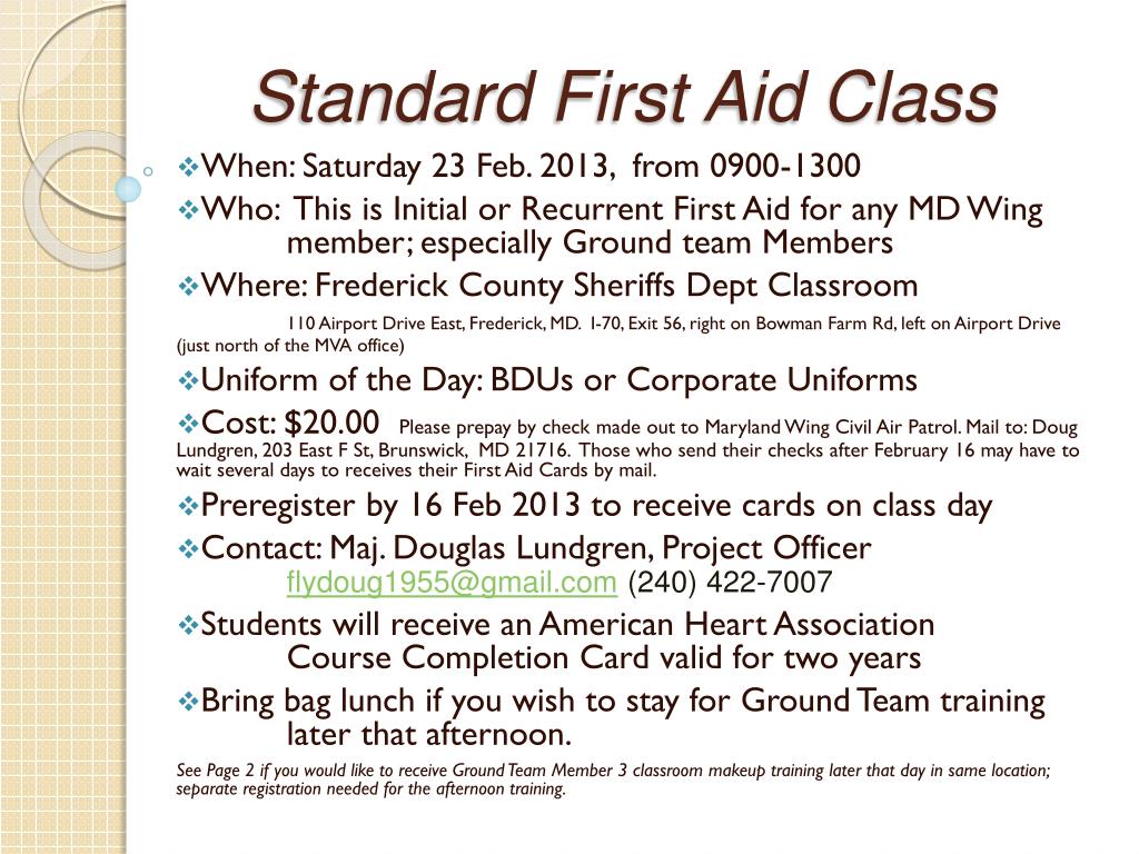 PPT - Standard First Aid Class for MD Wing Members - February 23, 2013 ...