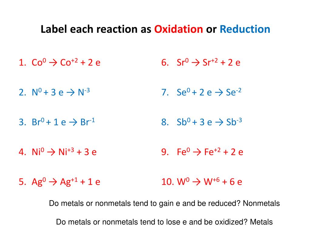 PPT - Label each reaction as Oxidation or Reduction PowerPoint ...