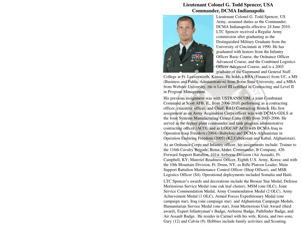 PPT - Lieutenant Colonel G. Todd Spencer, USA Commander, DCMA ...