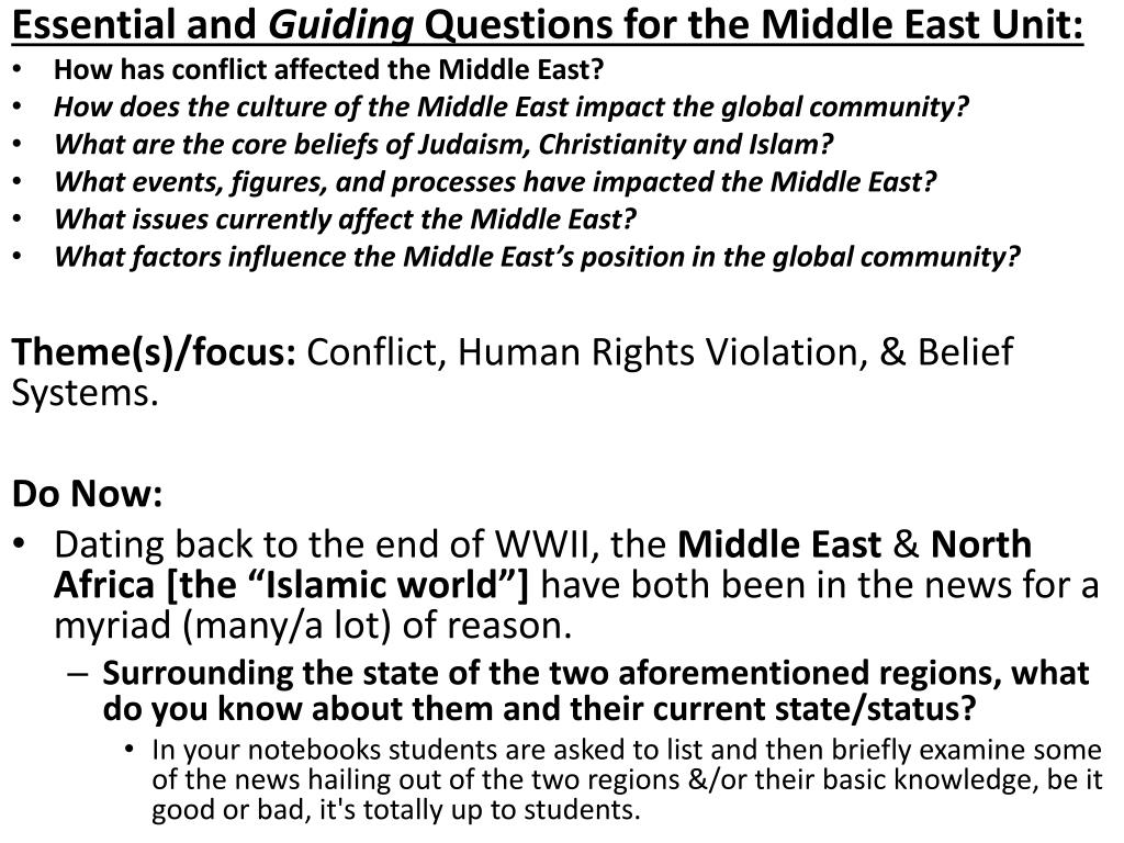 PPT - Essential and Guiding Questions for the Middle East Unit ...