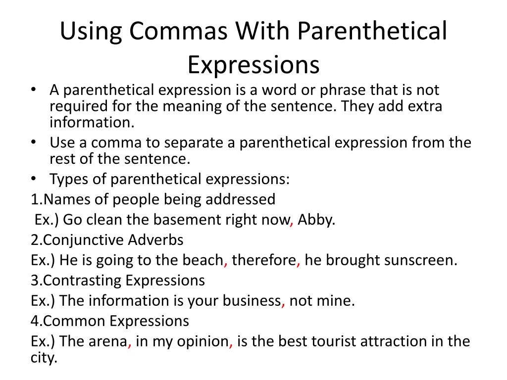 PPT - Using Commas With Parenthetical Expressions PowerPoint ...