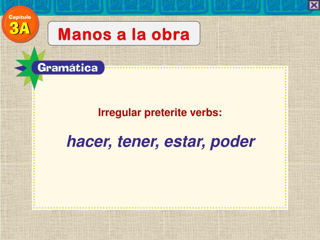 PPT - Irregular preterite verbs : hacer, tener, estar, poder PowerPoint ...