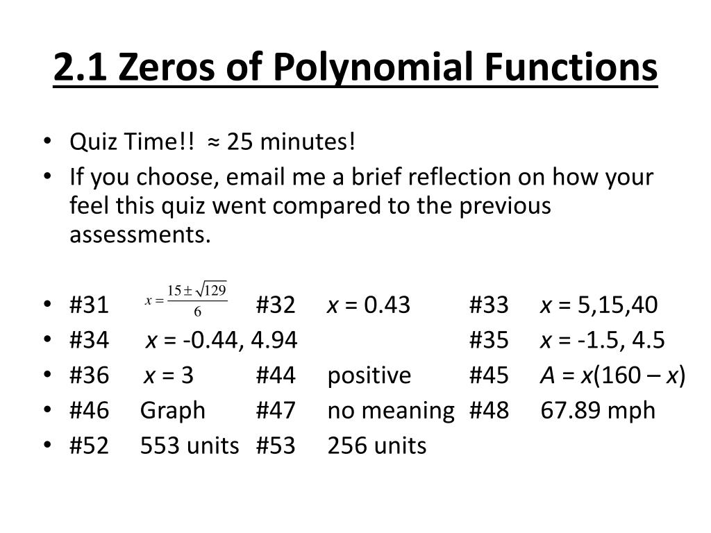 PPT - Exploring Polynomial Functions: Quiz on Zeros & Applications ...