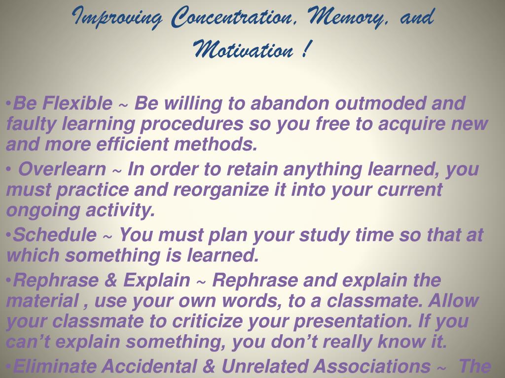 PPT - Improving Concentration, Memory, and Motivation ! PowerPoint ...