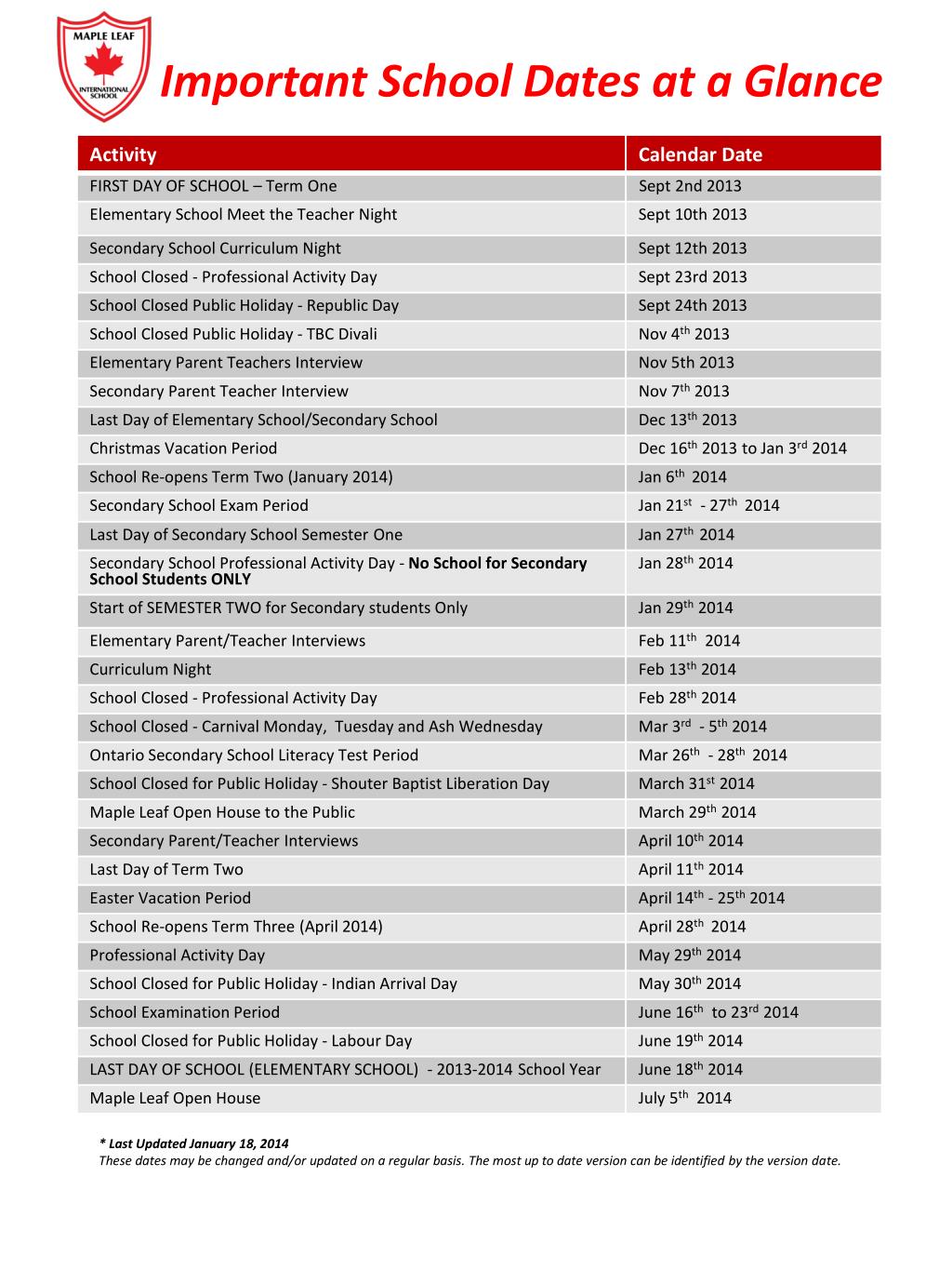 PPT - Important School Dates at a Glance PowerPoint Presentation, free ...