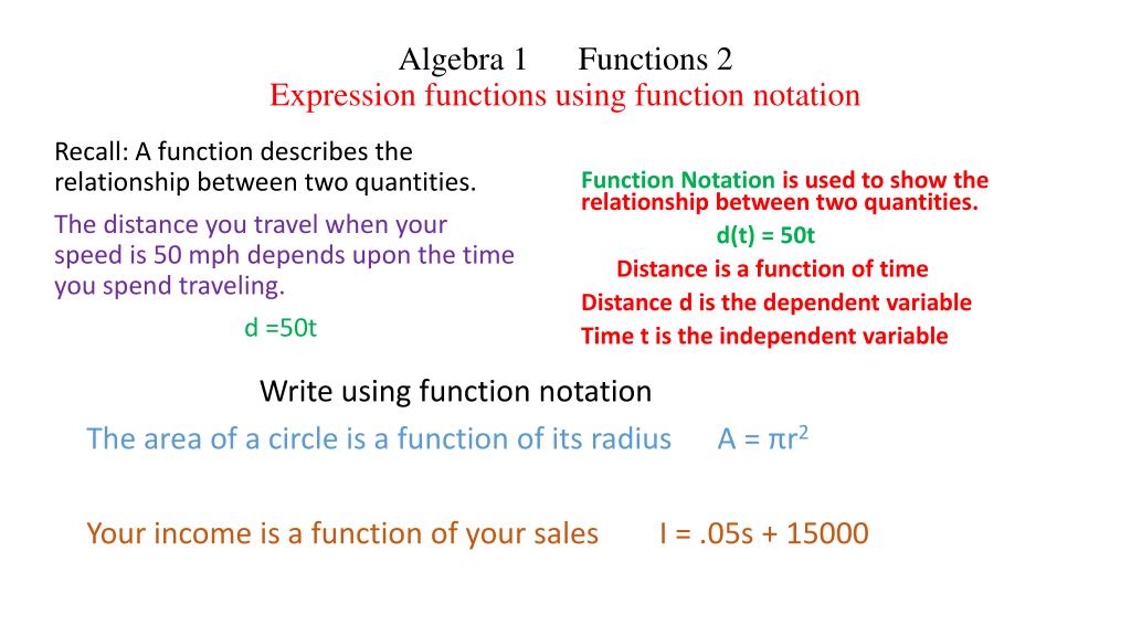 PPT - Algebra 1 Functions 2 Expression functions using function notation PowerPoint Presentation ...