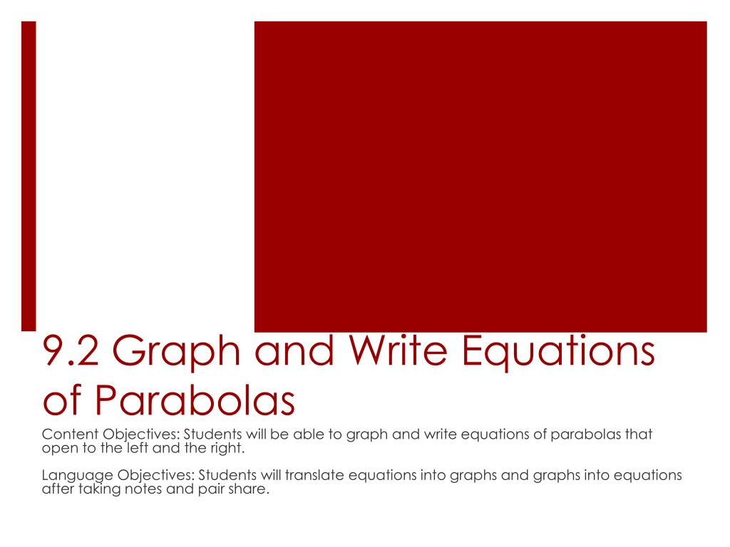 PPT - 9.2 Graph and Write Equations of Parabolas PowerPoint ...