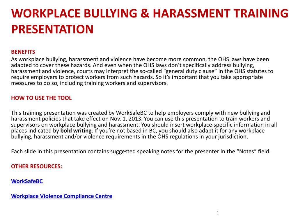 PPT - WORKPLACE BULLYING & HARASSMENT TRAINING PRESENTATION PowerPoint ...
