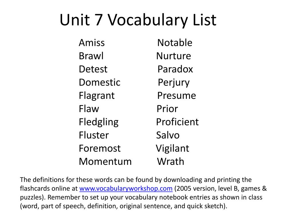 PPT - Unit 7 Vocabulary List PowerPoint Presentation, free download ...