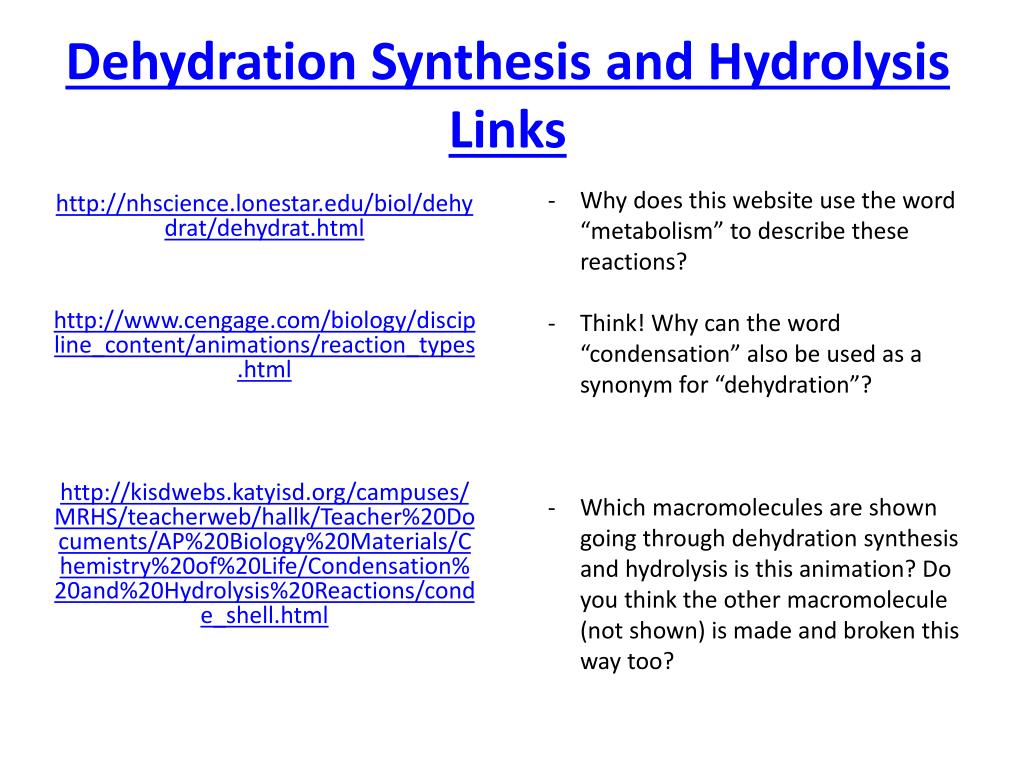 PPT - Dehydration Synthesis and Hydrolysis Links PowerPoint ...