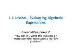 PPT - Lesson 1 Algebraic Expressions PowerPoint Presentation, free ...