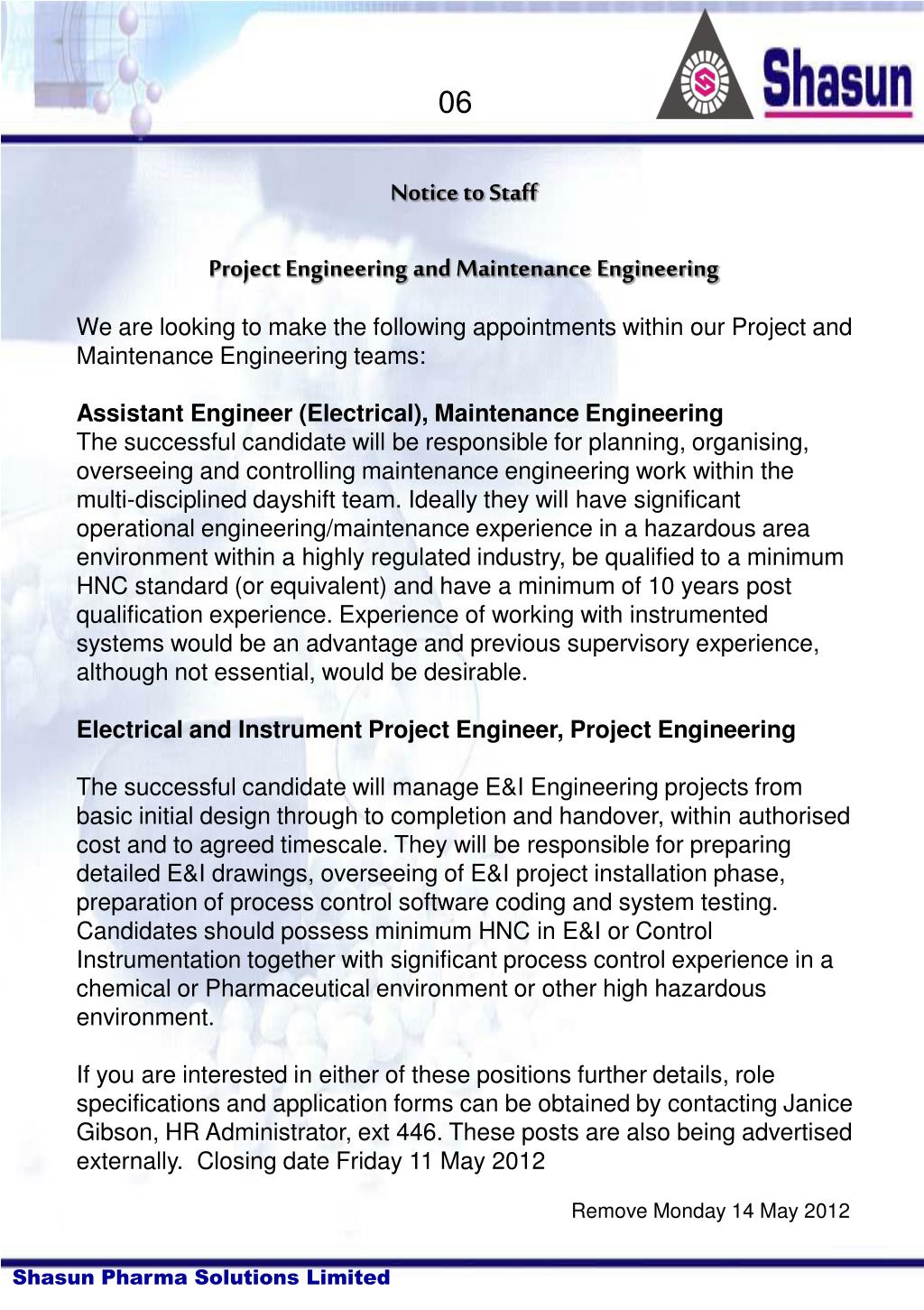 PPT - Notice to Staff Project Engineering and Maintenance Engineering ...