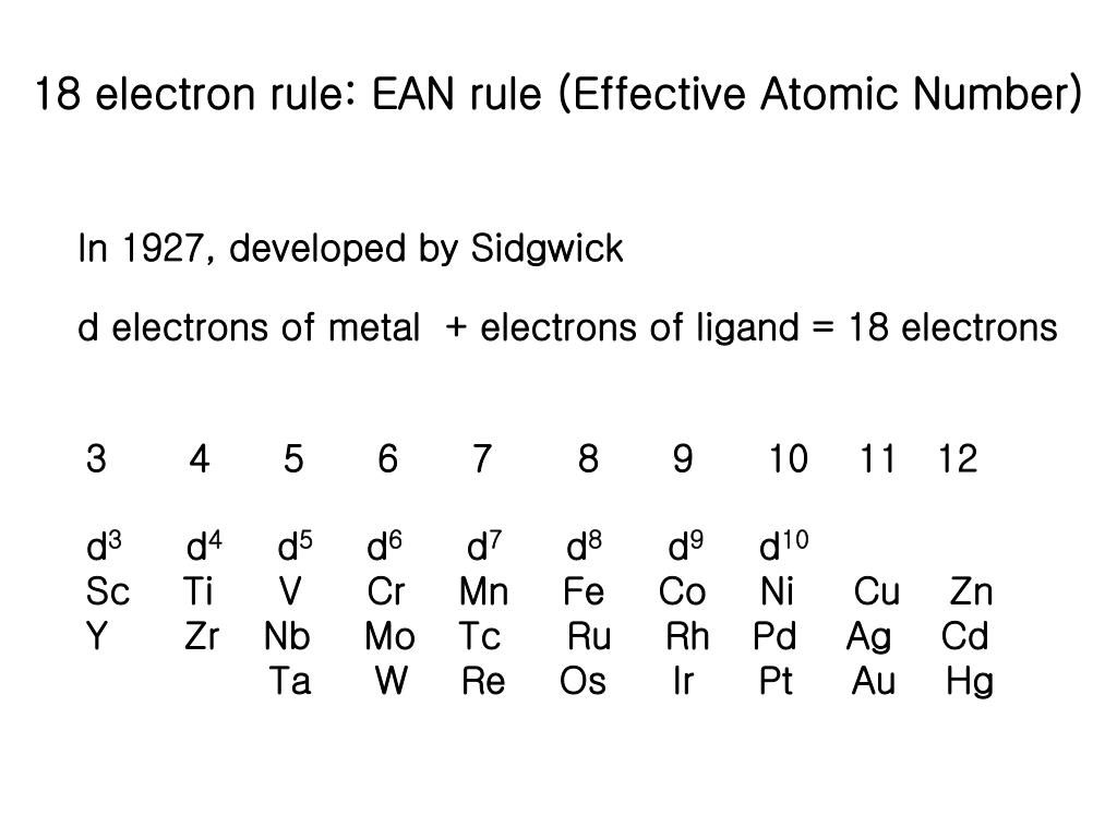 PPT - 18 electron rule: EAN rule (Effective Atomic Number) PowerPoint ...