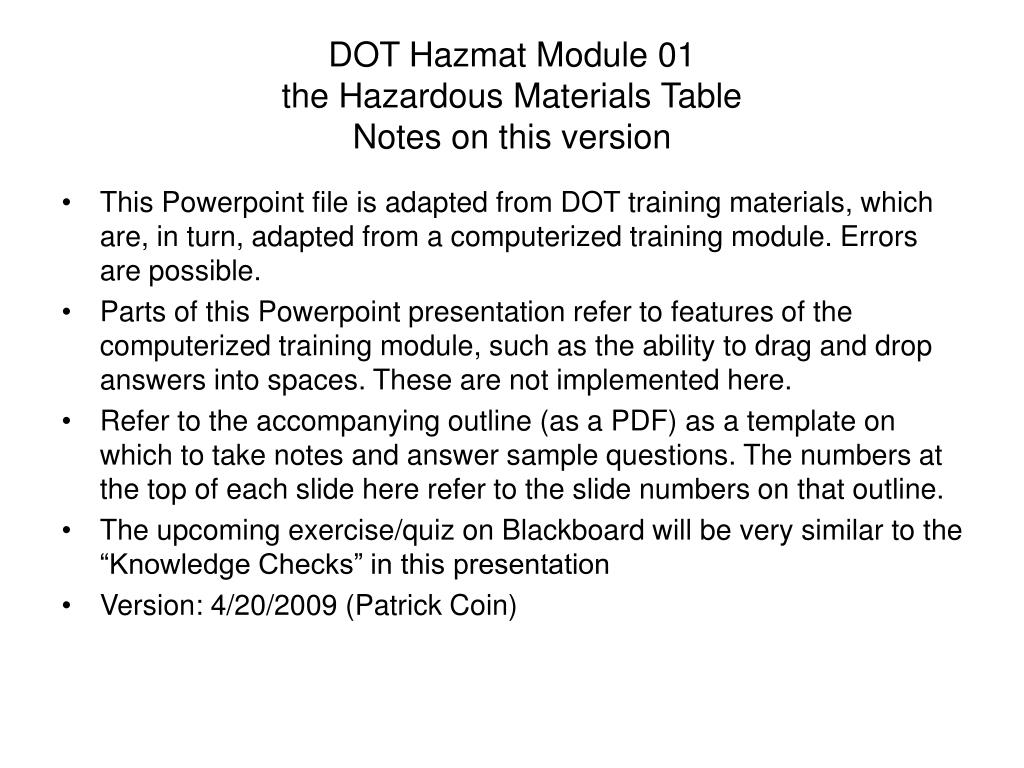 PPT - DOT Hazmat Module 01 the Hazardous Materials Table Notes on this ...